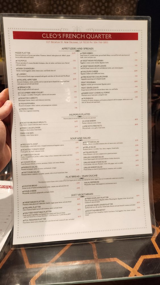 Cleos Menu - Exquisite Middle Eastern Mediterranean Dining