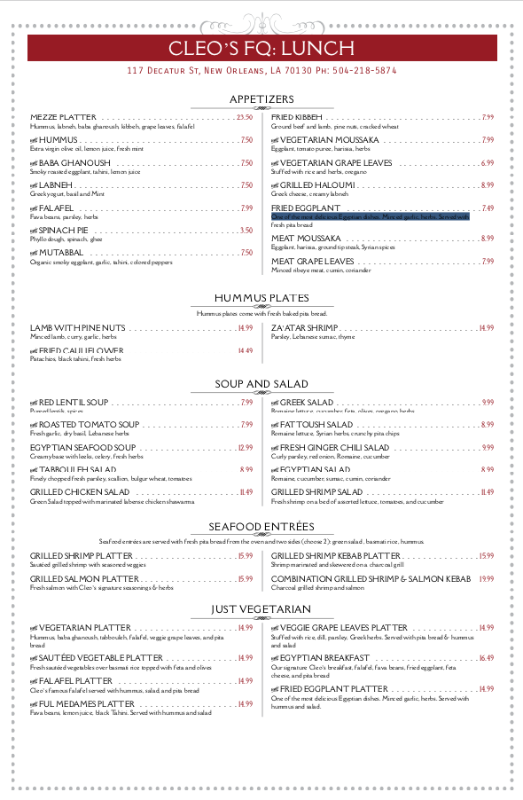 Cleos Menu - Exquisite Middle Eastern Mediterranean Dining