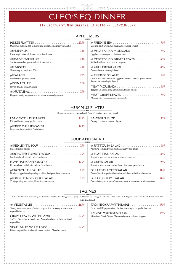 Cleos Menu - Exquisite Middle Eastern Mediterranean Dining
