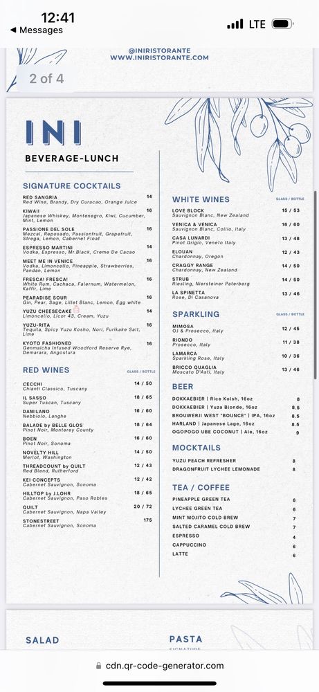 INI Ristorante Menu - A Fusion of Italian and Japanese Flavors