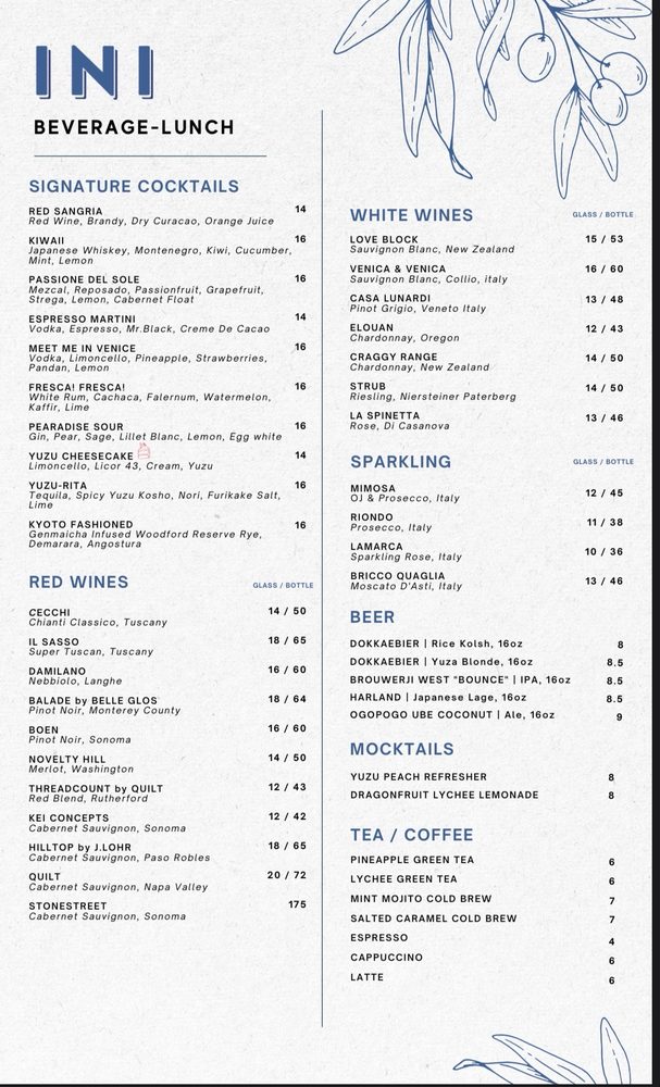 INI Ristorante Menu - A Fusion of Italian and Japanese Flavors